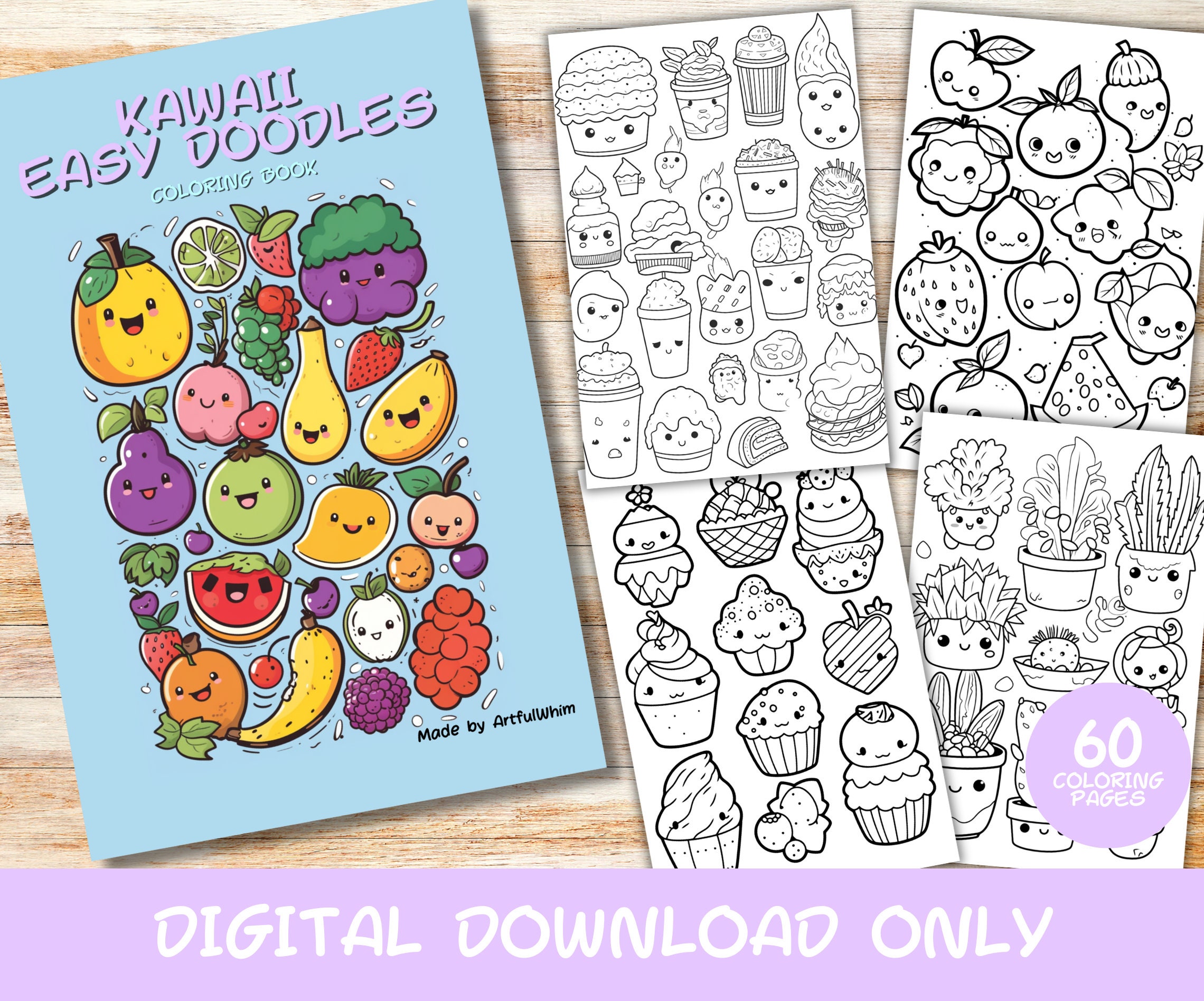 60 Kawaii Easy Doodles Coloring Pages Book Kids Adults - Etsy UK