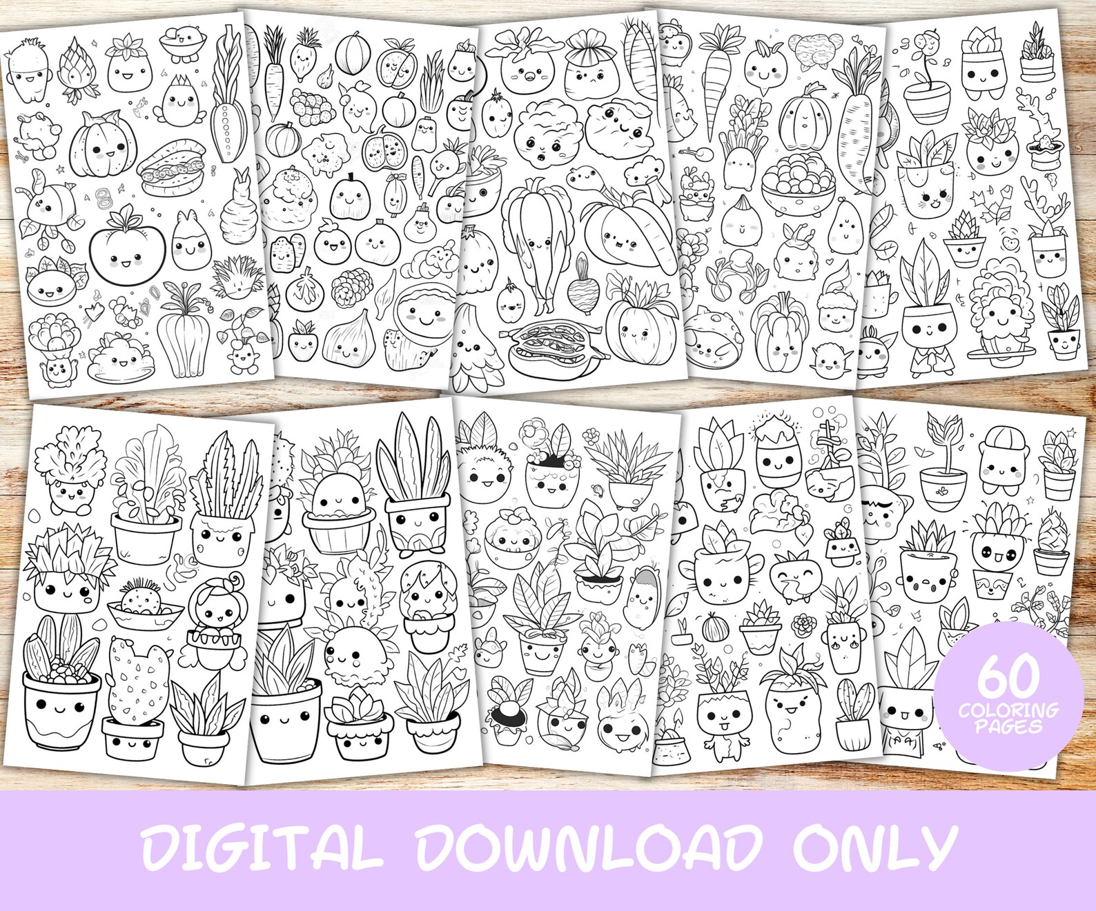60 Kawaii Easy Doodles Coloring Pages Book, Kids, Adults, Instant ...