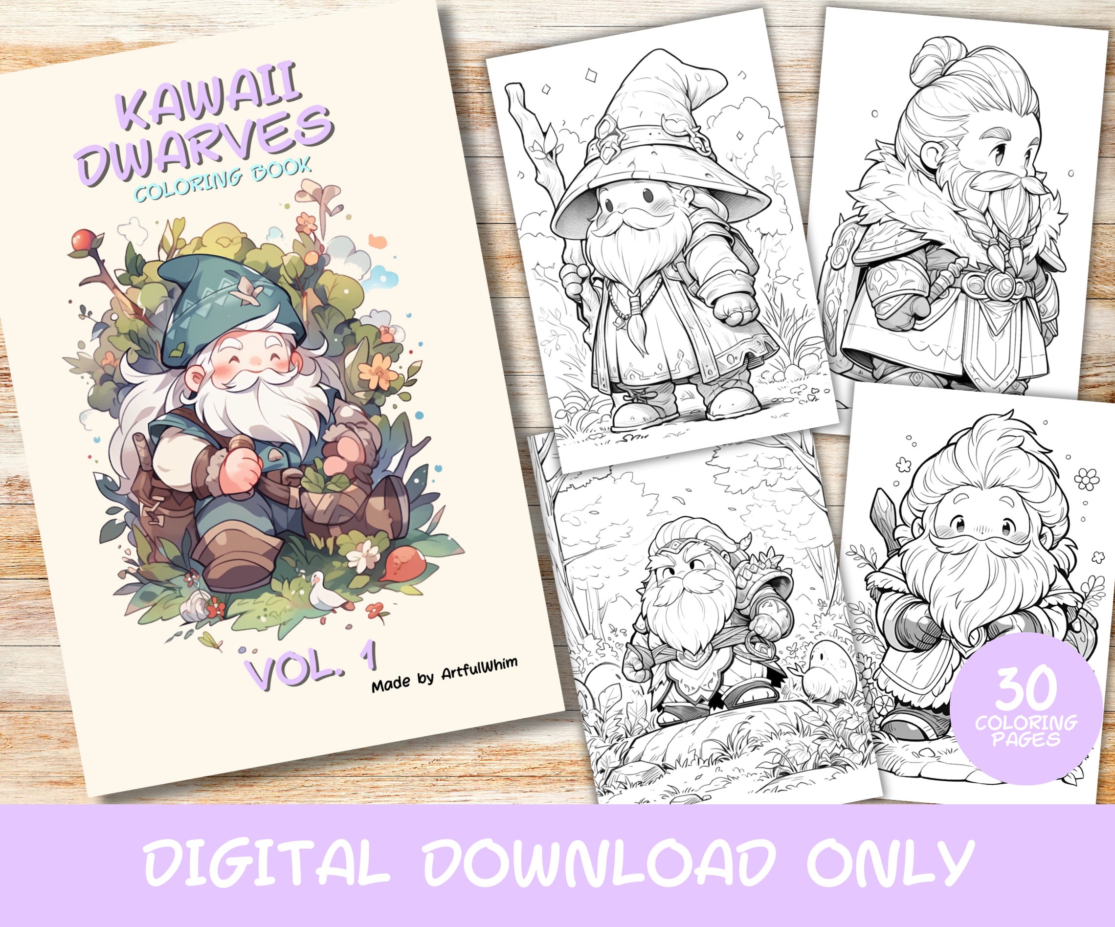 30 Kawaii Dwarves Volume 1 Coloring Pages Book, Kids, Adult, Instant ...