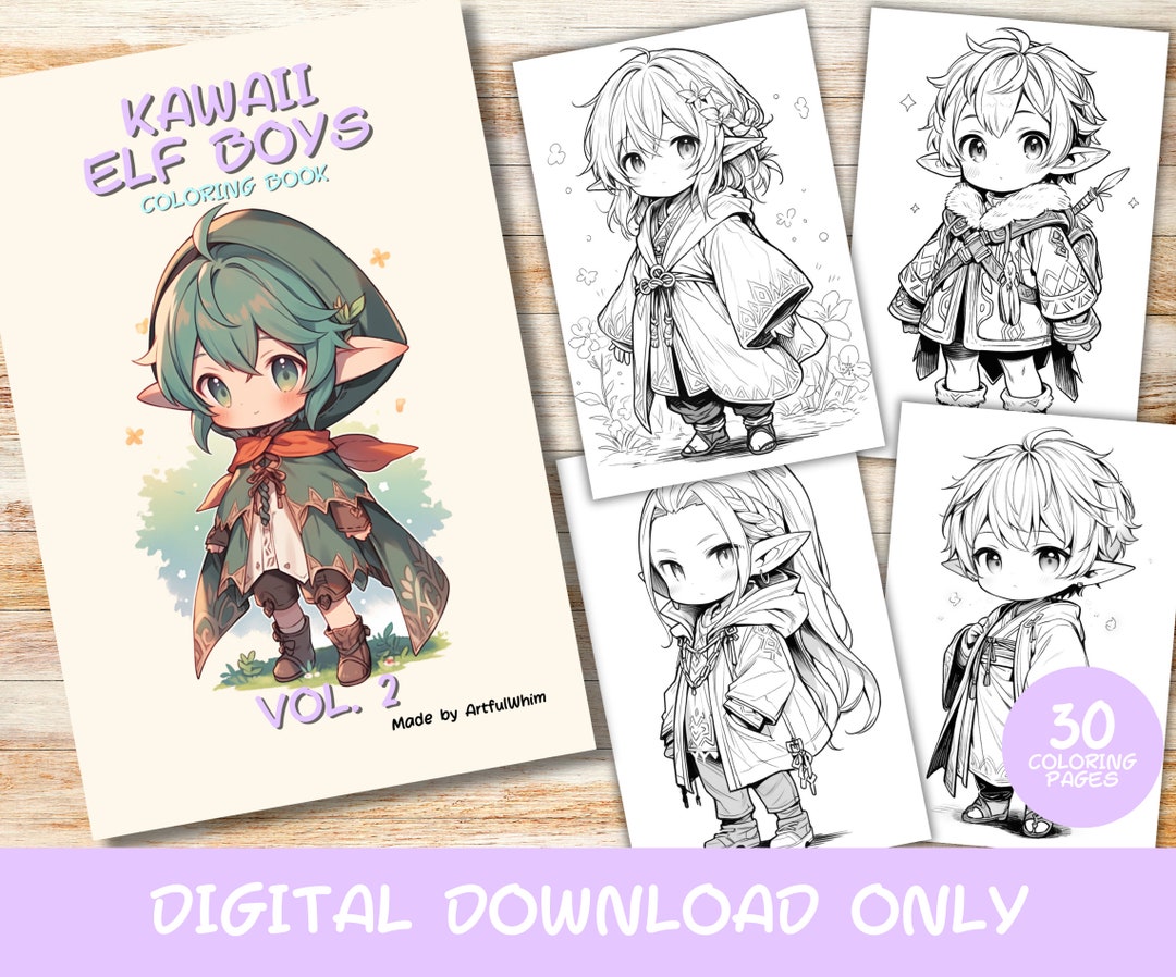 30 Kawaii Elf Boys Volume 2 Coloring Pages Book, Kids, Adult, Instant ...