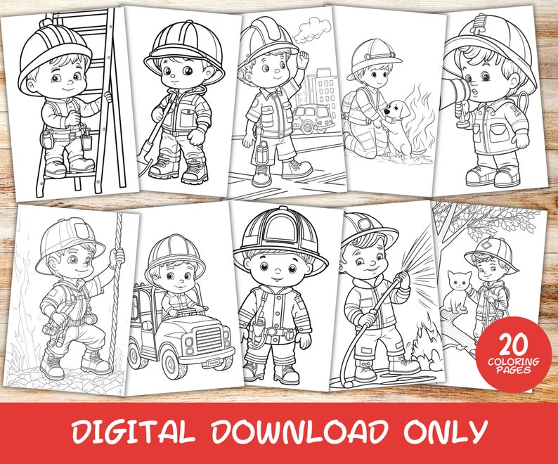 20 Little Firefighter Coloring Pages Book, Printable, Kids, Instant ...