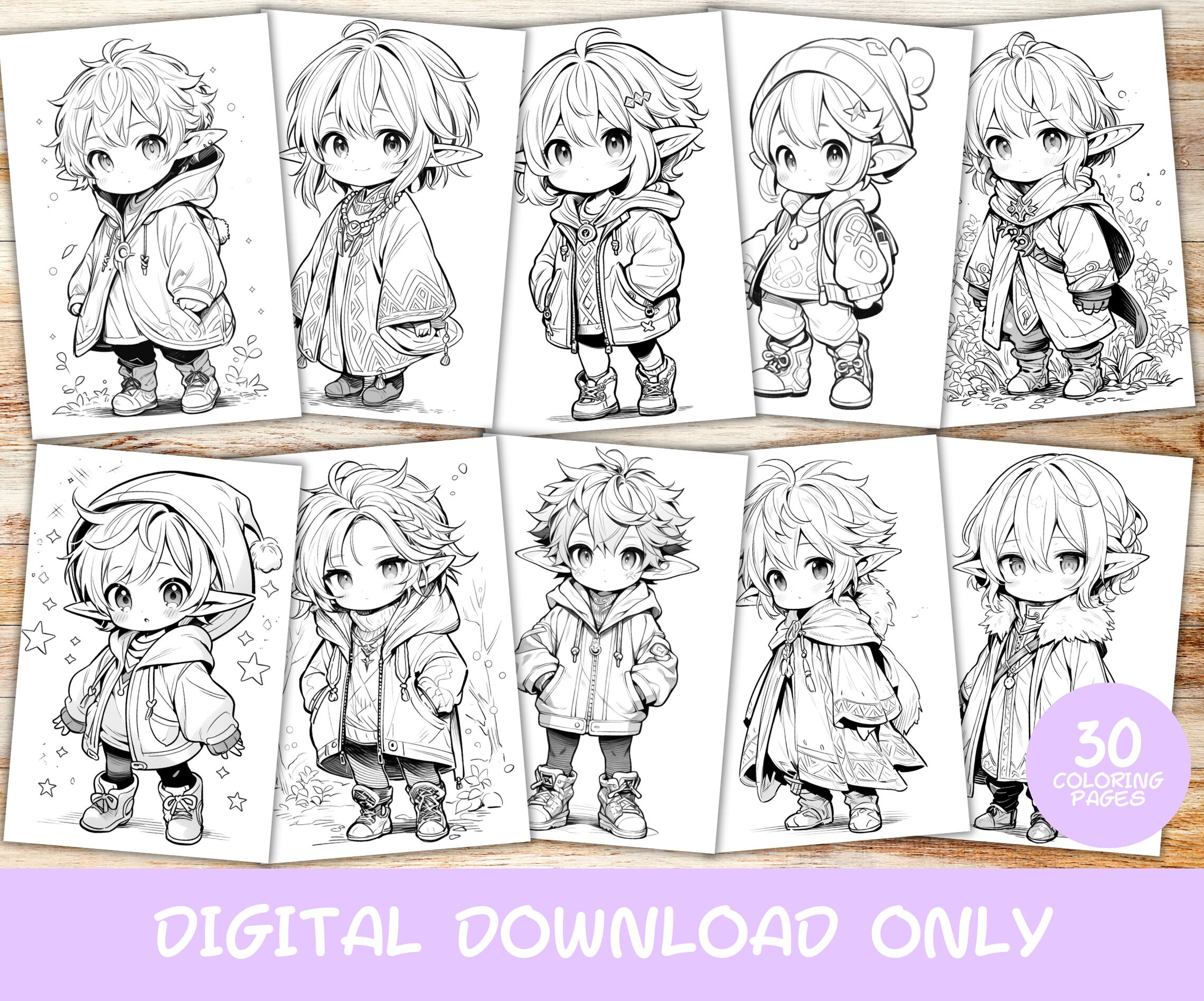 30 Kawaii Elf Boys Volume 1 Coloring Pages Book, Kids, Adult, Instant ...