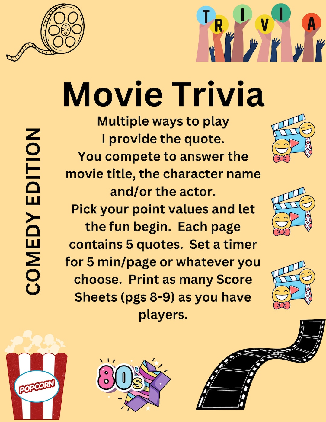 Movie Trivia, Print and Play - 80's Comedies - Etsy
