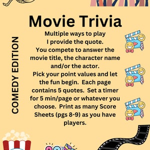 Movie Trivia, Print and Play - 80's Comedies - Etsy