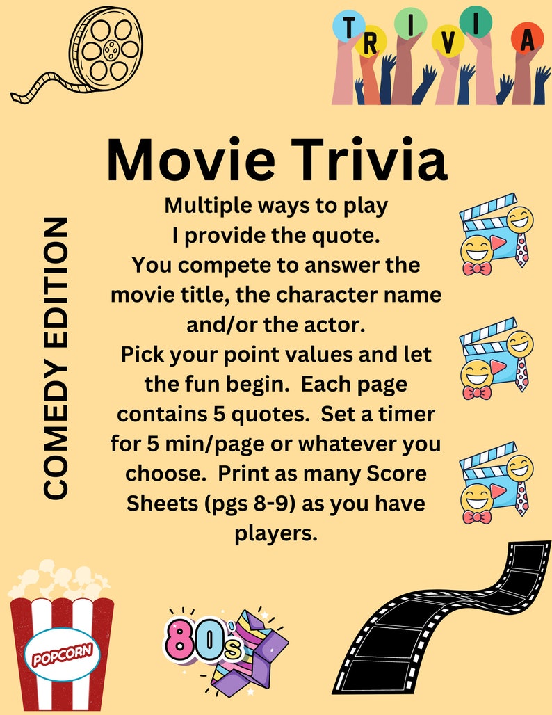 Movie Trivia, Print and Play - 80's Comedies - Etsy