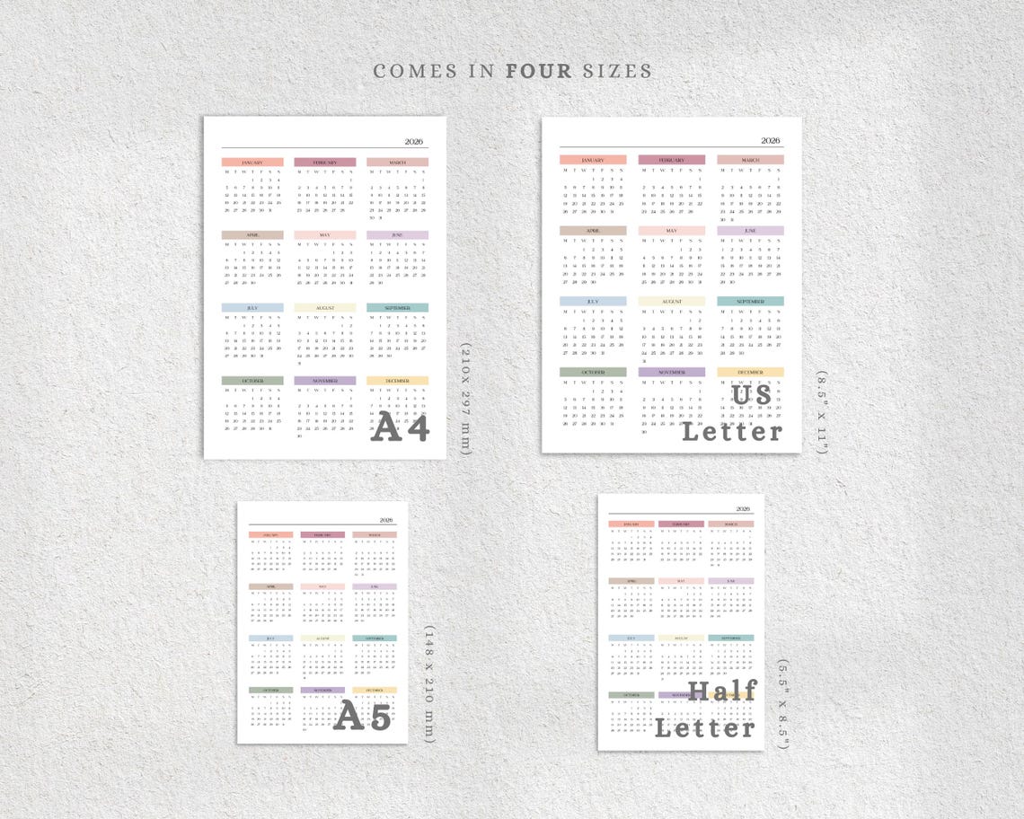 2026 Yearly Calendar, Year at a Glance Calendar 2026, Portrait ...