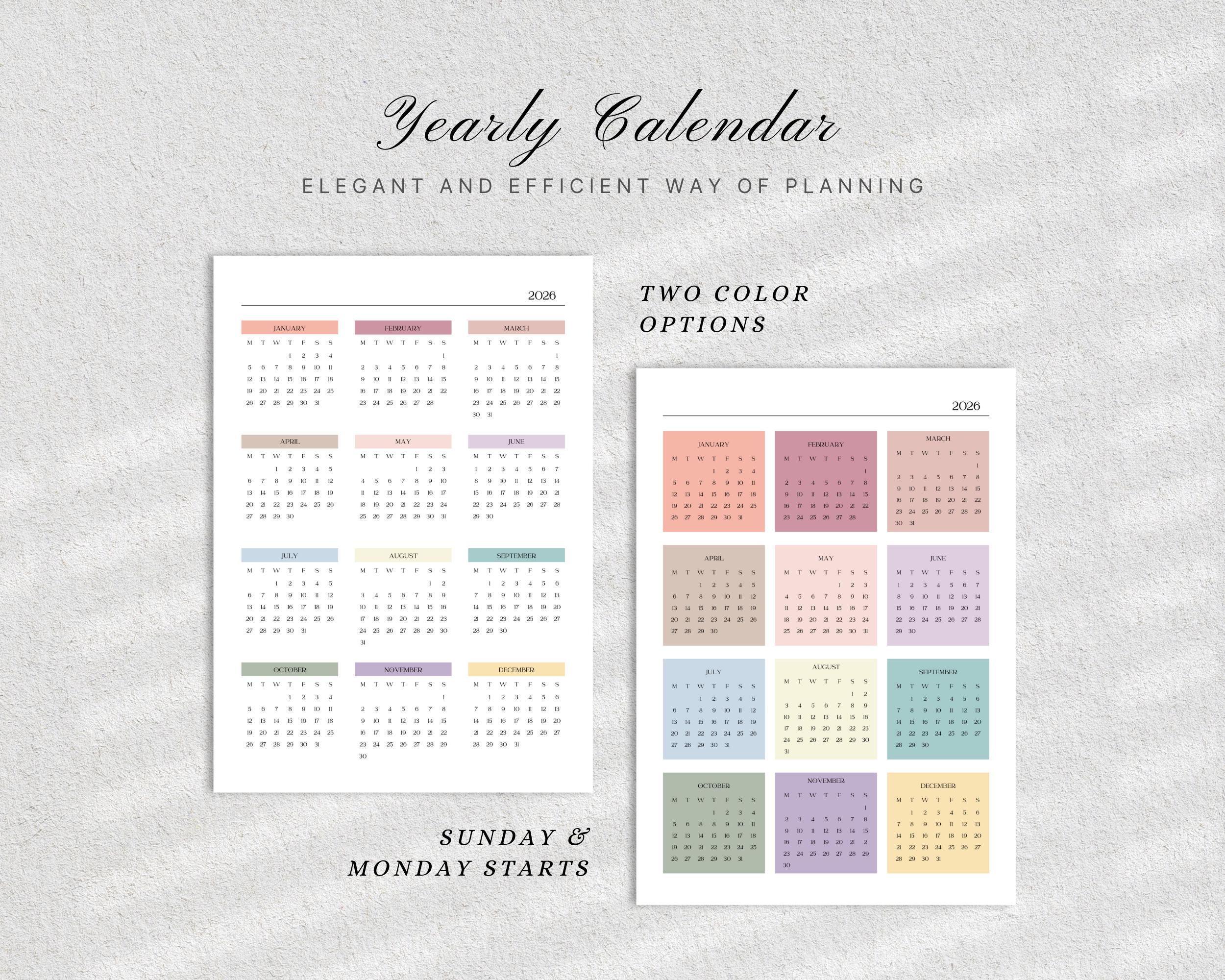 2026 Yearly Calendar, Year at a Glance Calendar 2026, Portrait ...