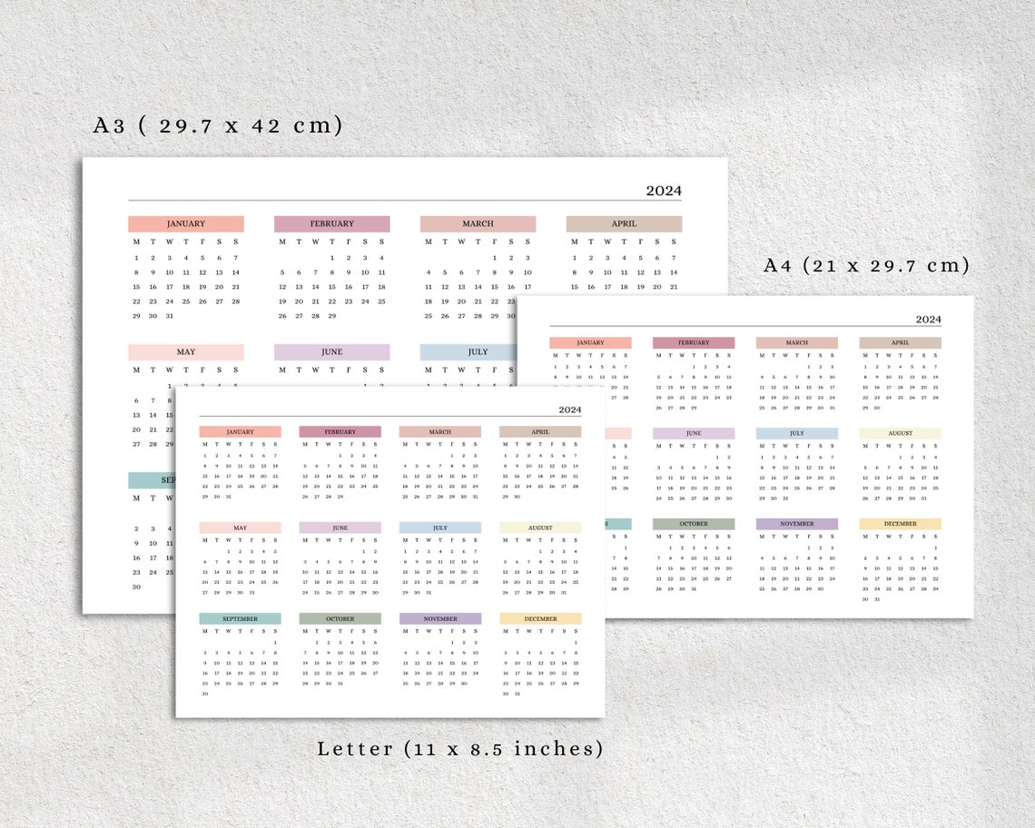 Landscape Yearly Calendar 2024 Printable, 2024 Year at a Glance ...