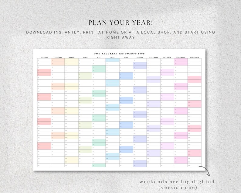 2025 Rainbow Wall Calendar: Year at A Glance Planner (printable PDF) - Etsy