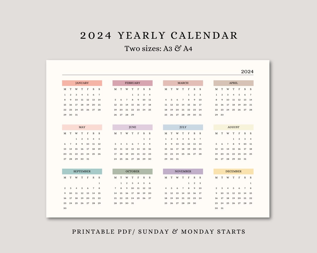 Yearly Calendar 2024 Printable, 2024 Year at a Glance Calendar, 2024 ...