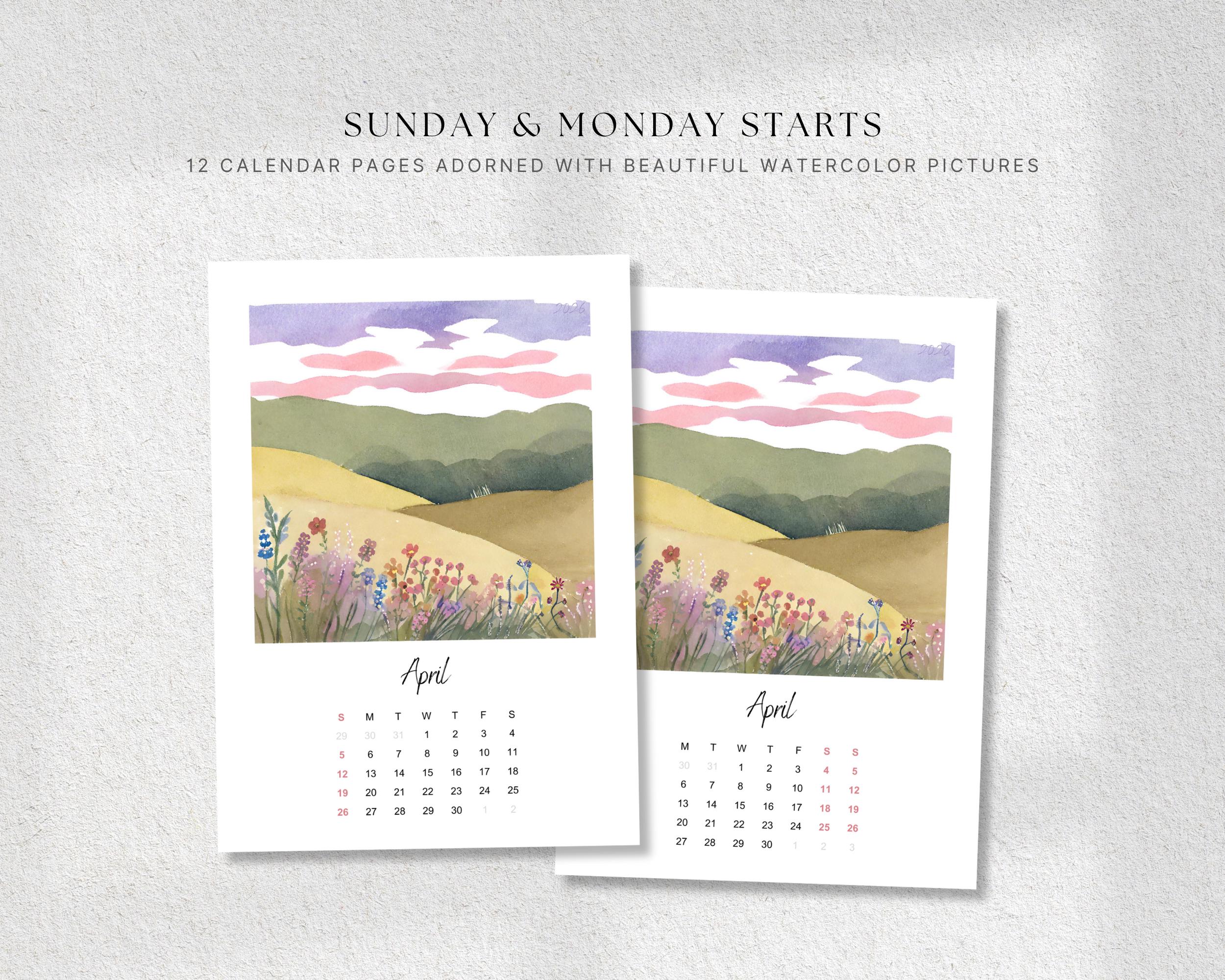 2026 Watercolor Desk Calendar, 5x7 Mini Monthly Calendar, PDF Download ...