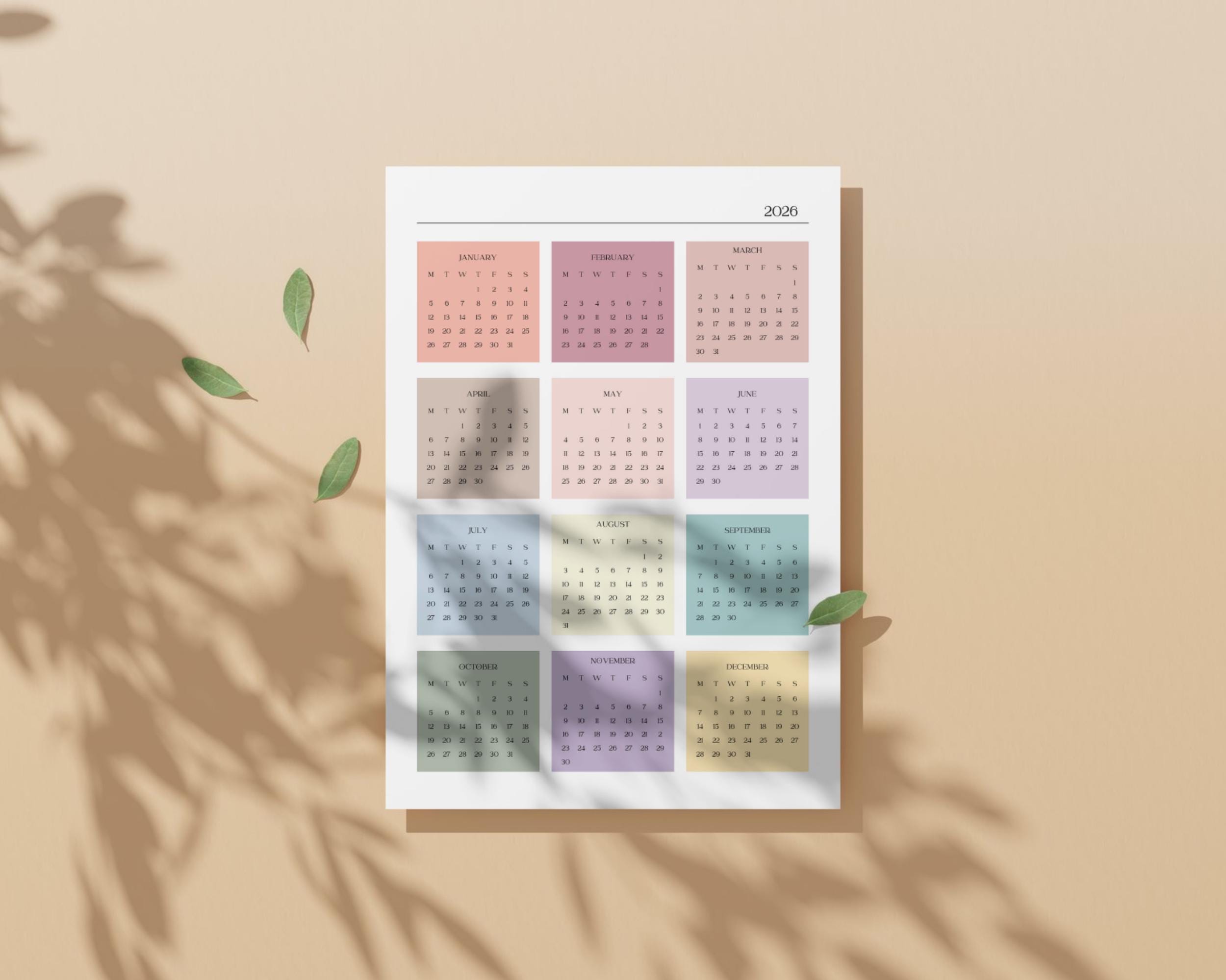 2026 Yearly Calendar, Year at a Glance Calendar 2026, Portrait ...