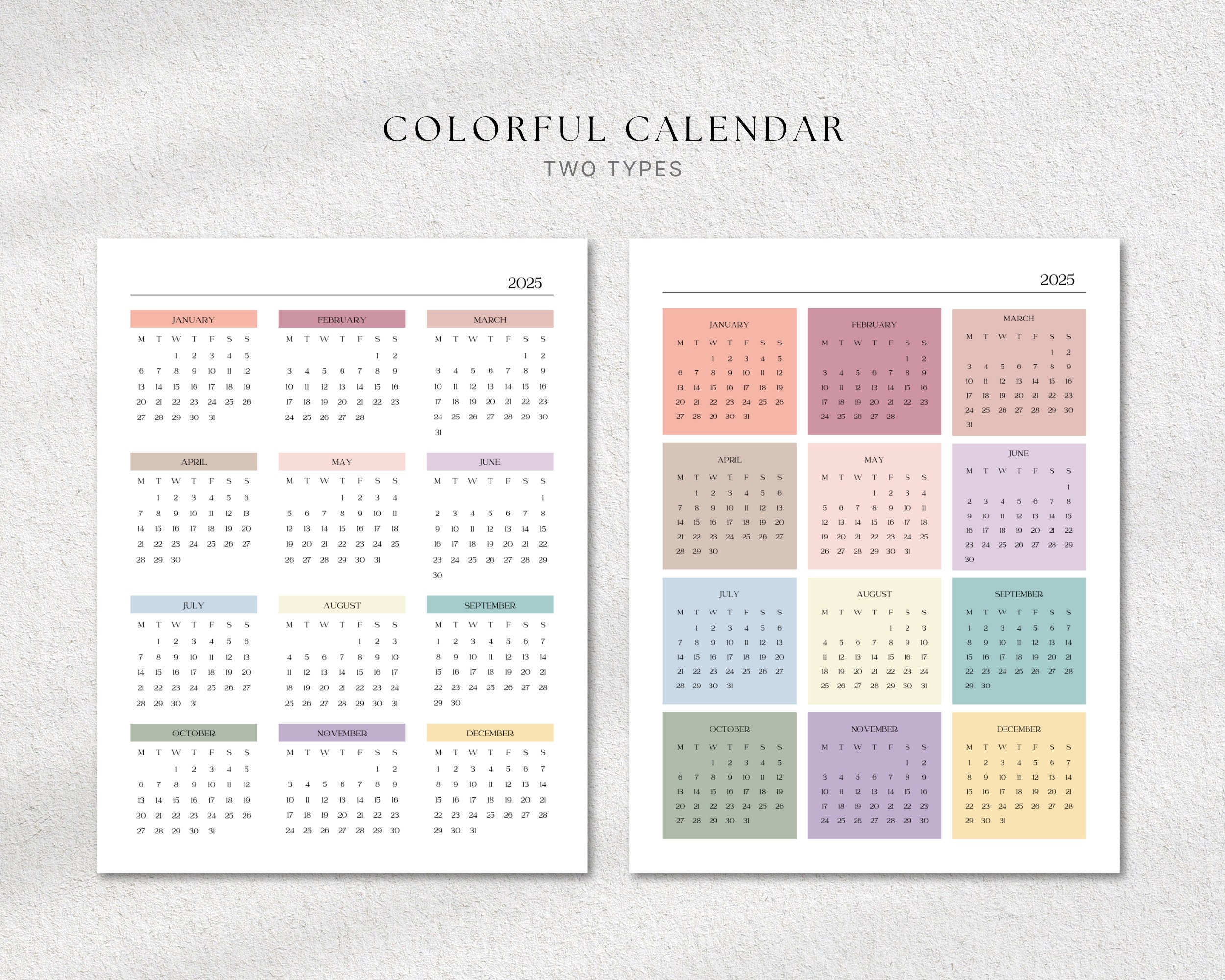 2025 Yearly Calendar, Colorful Year at A Glance, PDF Download - Etsy