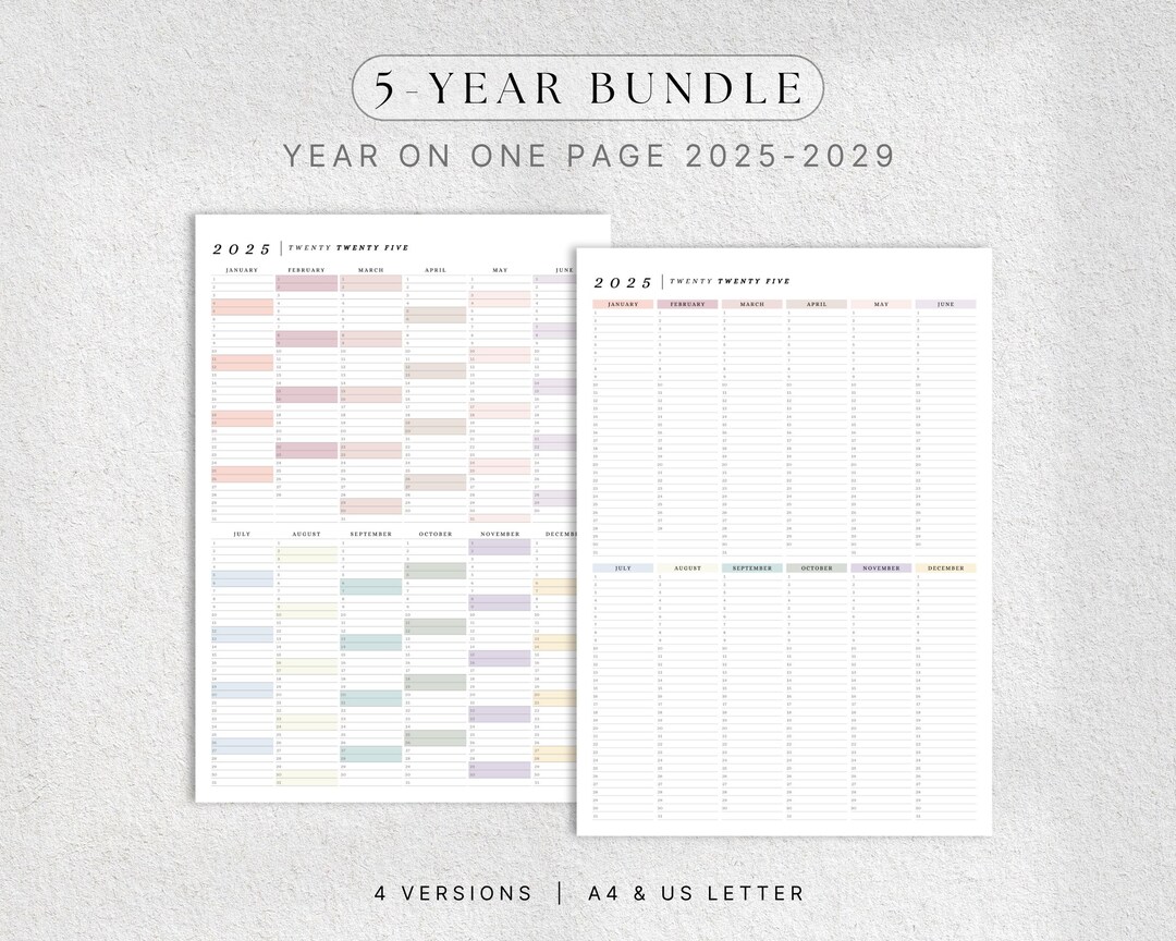 2025-2029 Year-at-a-glance Printable, 5-year Bundle Planner, A4 ...