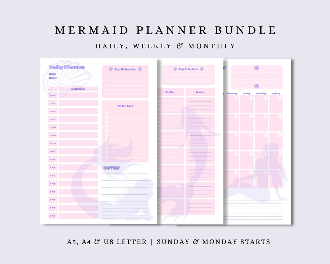 Mermaid Planner Printable, A4 A5 Letter, Pink Planner Bundle, Undated ...