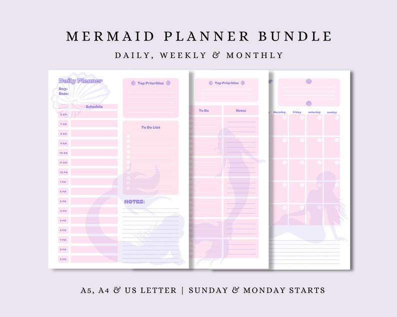 Mermaid Planner Printable, A4 A5 Letter, Pink Planner Bundle, Undated ...