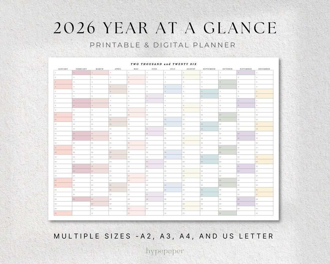 2026 Yearly Wall Planner Landscape Printable, Year At-a-glance Calendar ...
