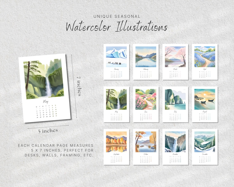 2026 Mini Watercolor Calendar: 5x7 Printable Monthly Calendar, Digital ...