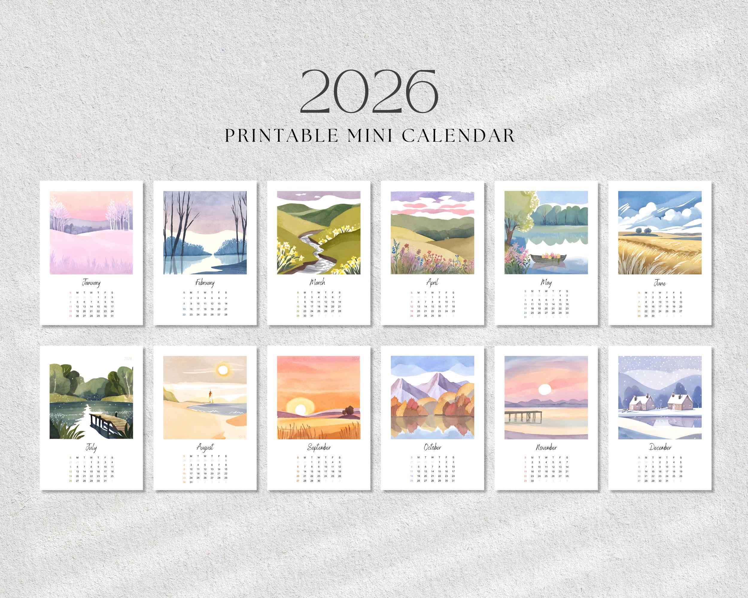 2026 Watercolor Desk Calendar, 5x7 Mini Monthly Calendar, PDF Download ...