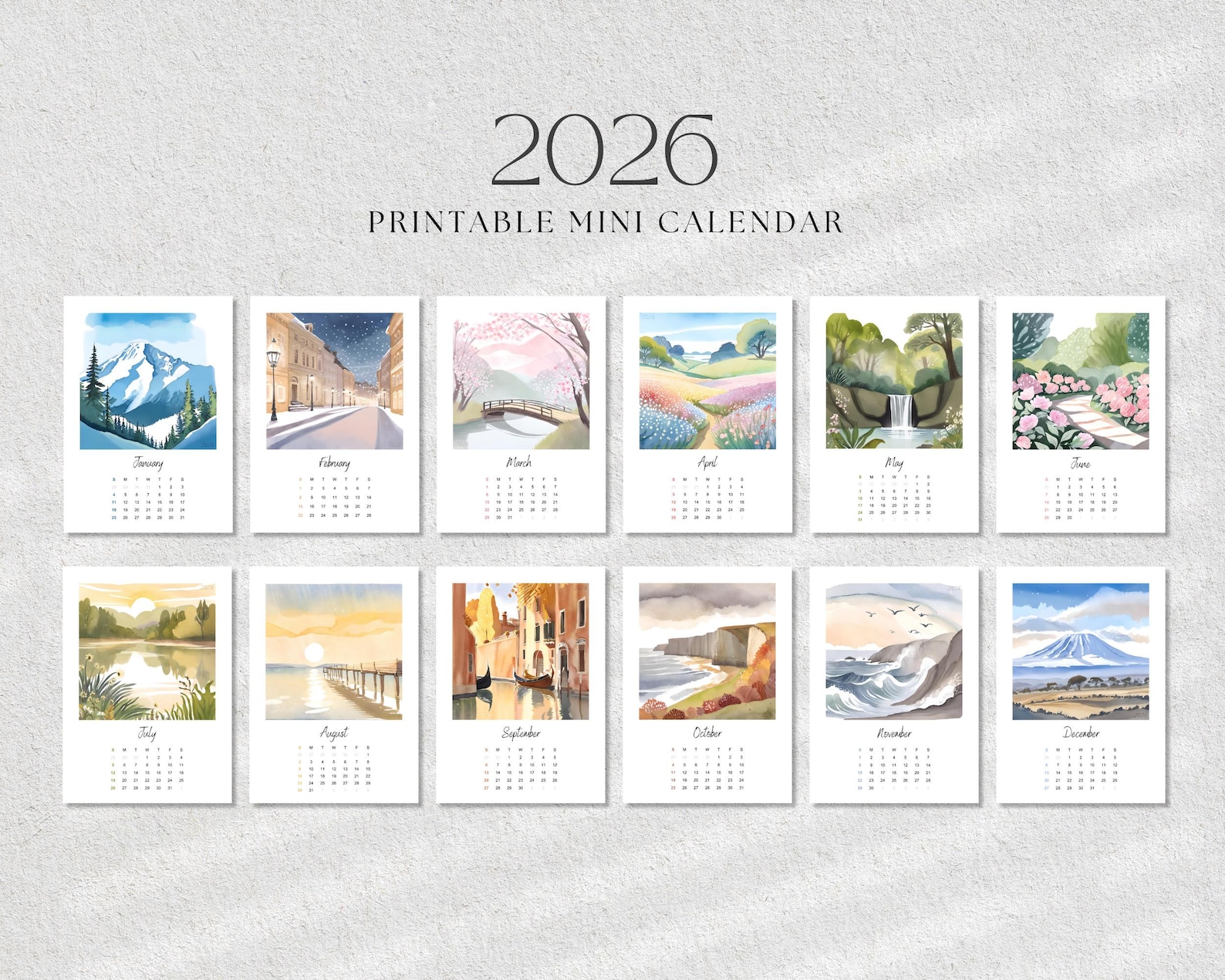 2026 Printable Mini Calendar, Watecolor Desk Calendar, 5x7 Inches ...