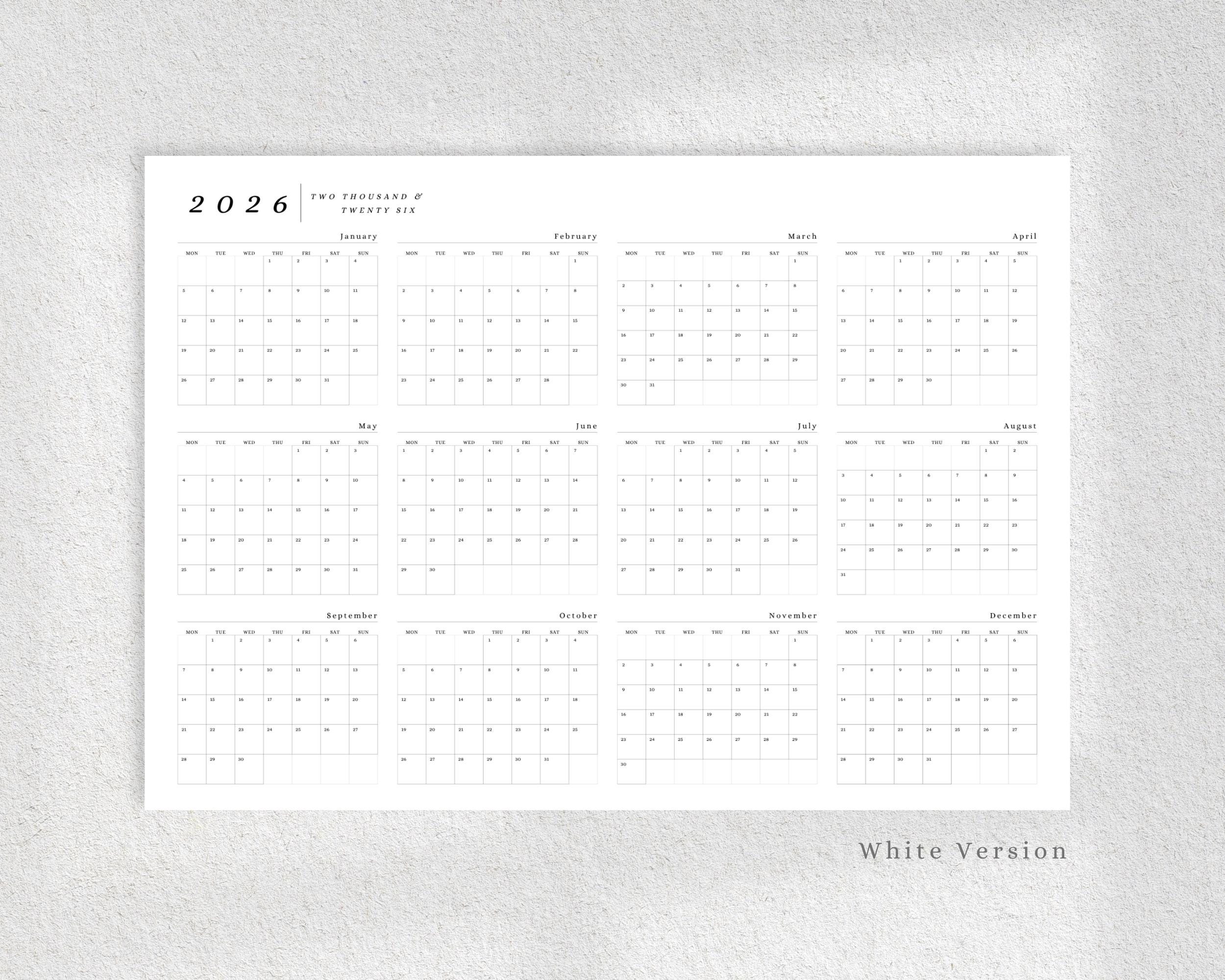 2026 Wall Planner, Large Printable Year-at-a-glance Calendar, PDF ...