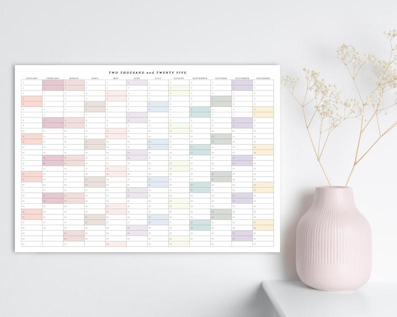 2025 Year at a Glance Wall Planner, Printable Landscape Calendar, PDF ...