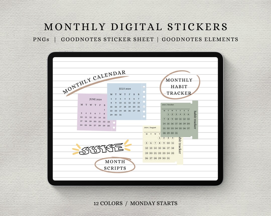 Monthly Calendar Stickers 2024 Digital Monthly Habit Tracker - Etsy