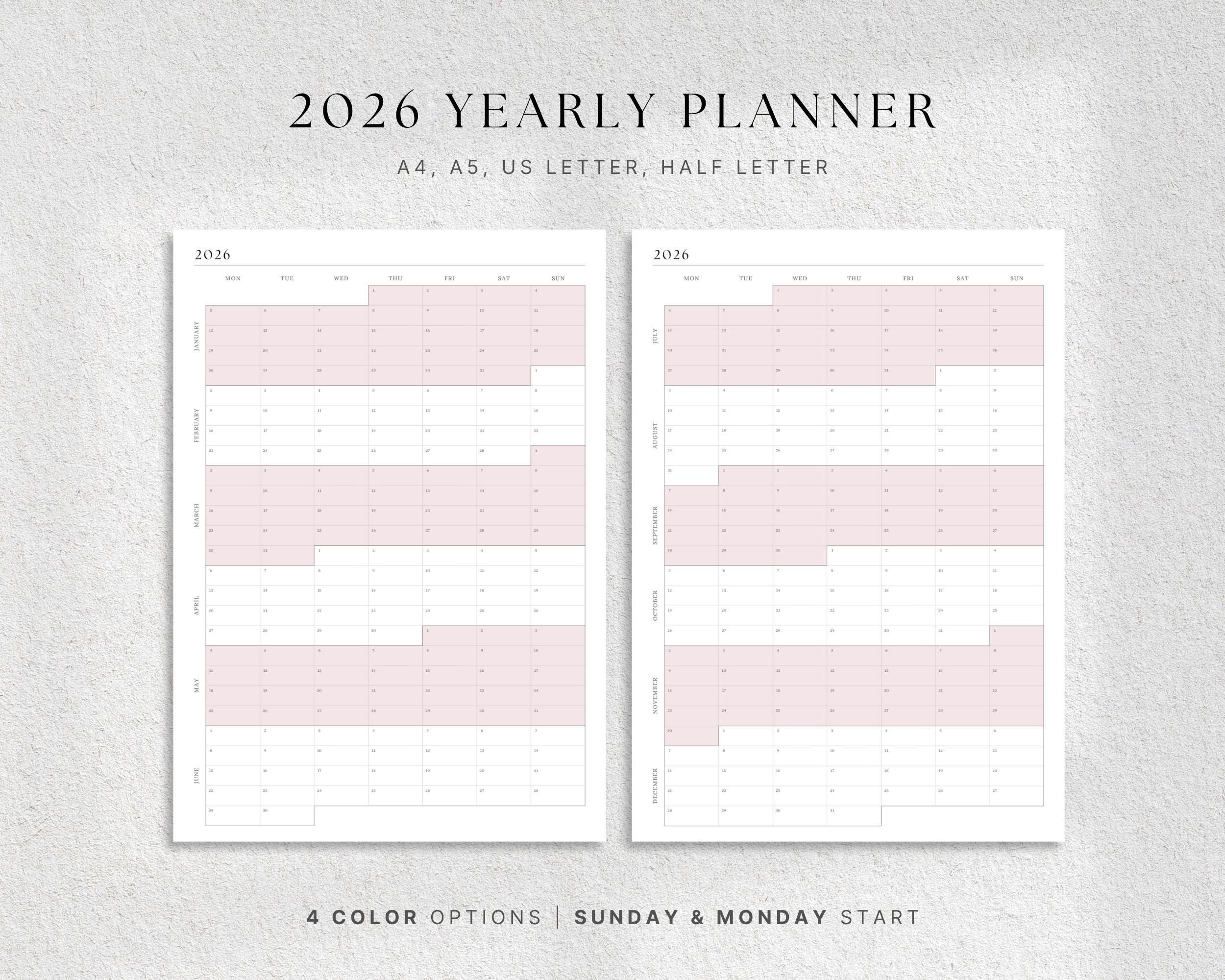 2026 Yearly Calendar Two Pages, Printable Year at a Glance Planner ...