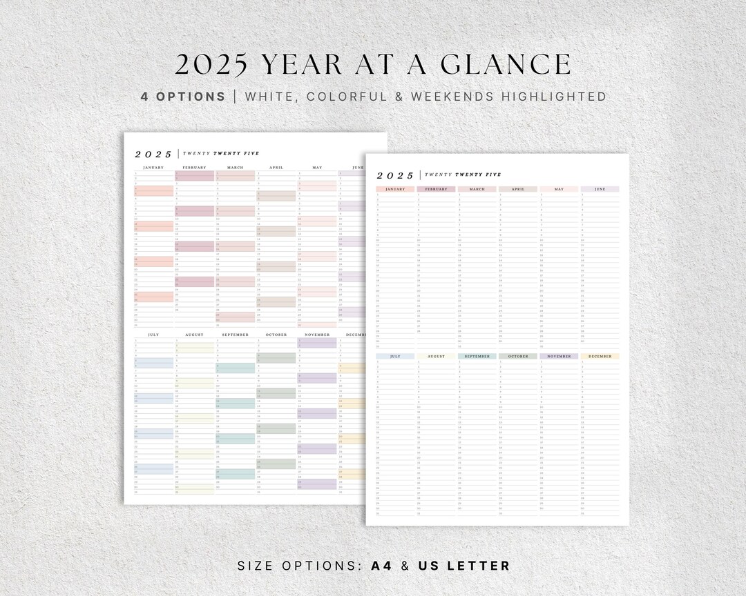2025 Year At-a-glance Planner, Year on One Page 2025, Printable Yearly ...