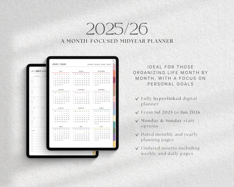 2025-2026 Digital Monthly Planner, Hyperlinked Midyear Calendar ...