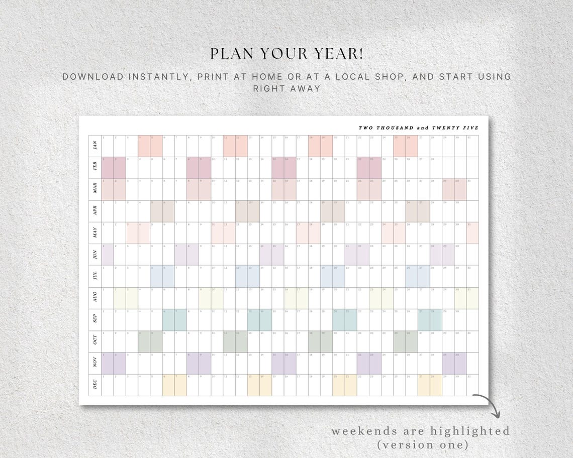 2025 Year at A Glance Wall Planner: Landscape Calendar (printable PDF ...