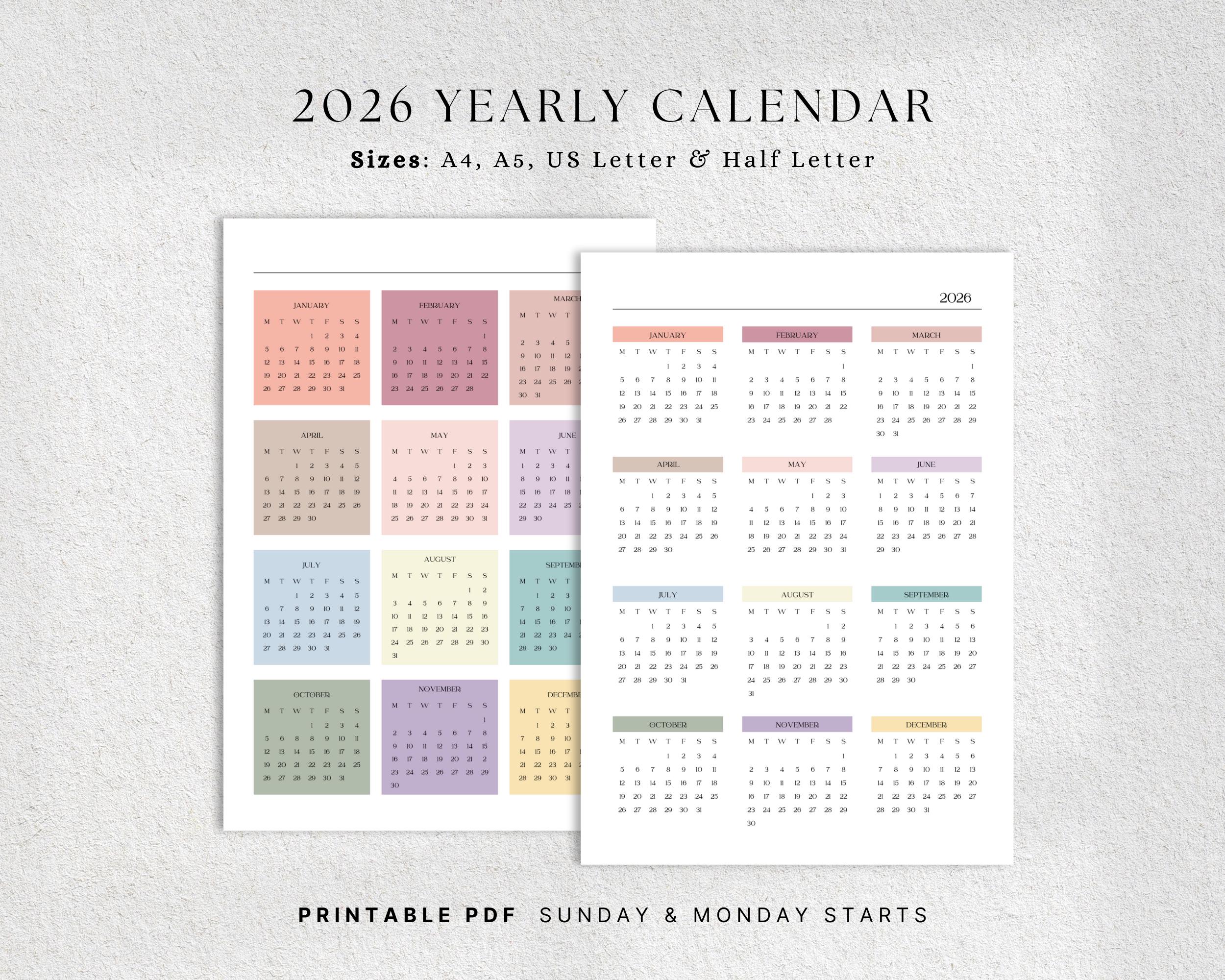 2026 Yearly Calendar, Year at a Glance Calendar 2026, Portrait ...