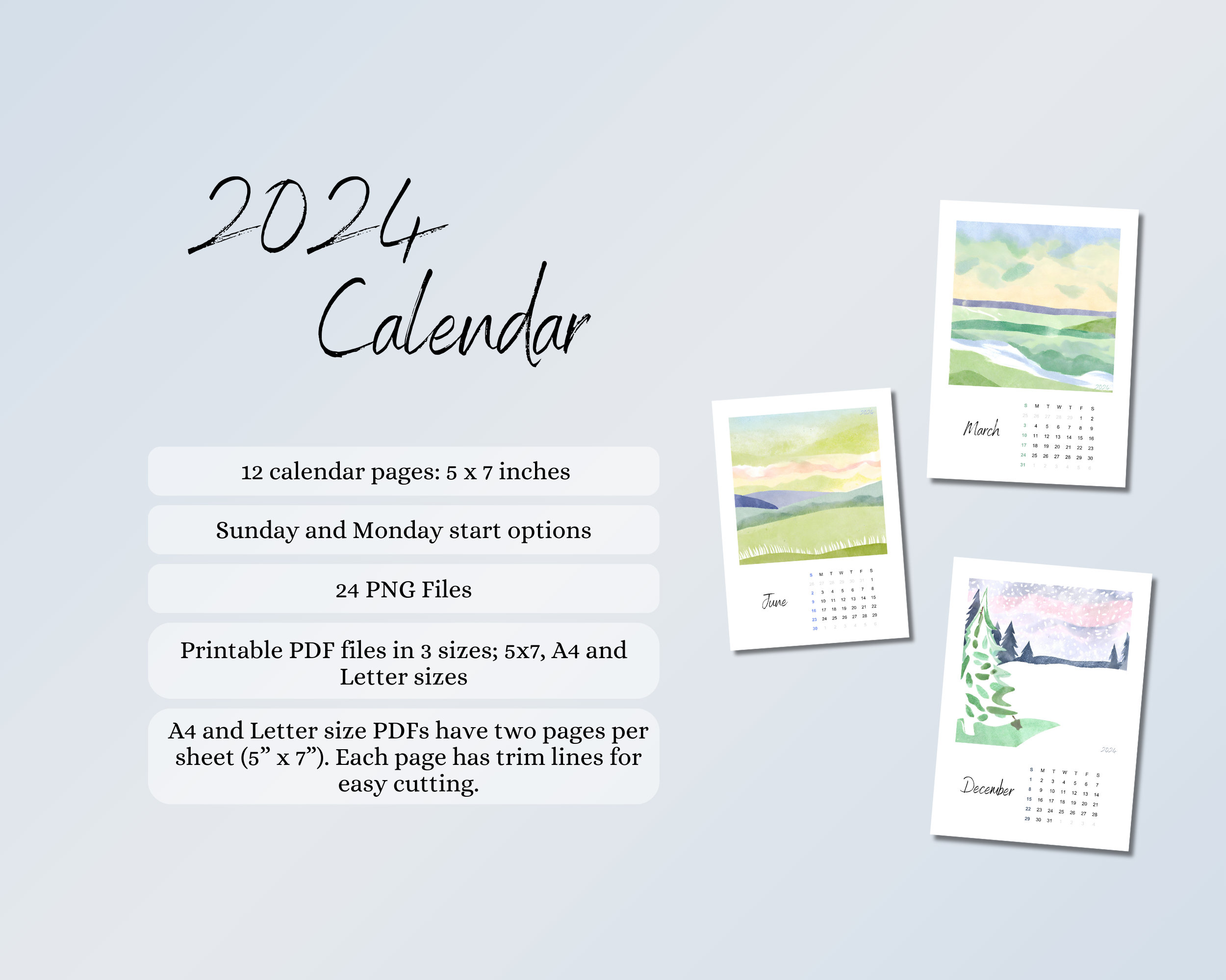 Mini Calendar 2024, Montlhy Watercolor Calendar 2024, 5 X 7 Inches ...