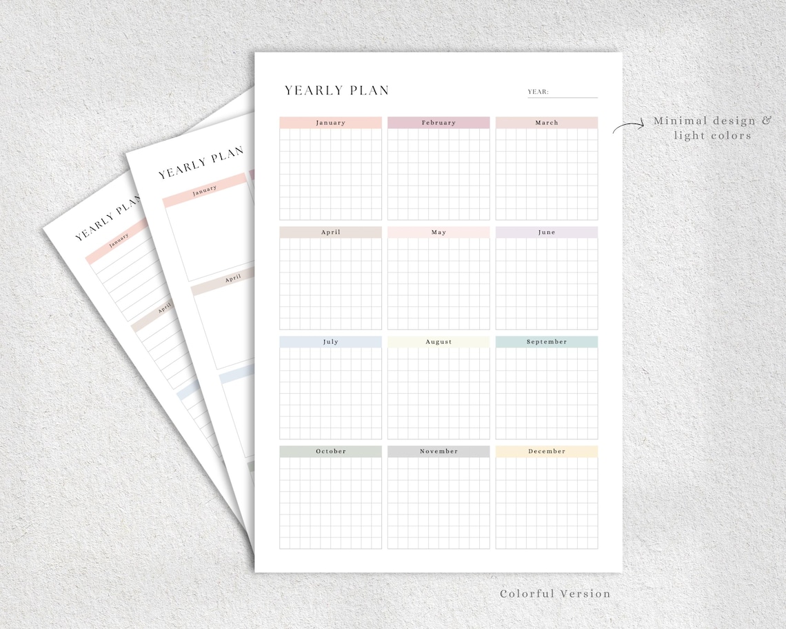 Undated Year at a Glance Planner, Minimalist Printable Yearly Overview ...