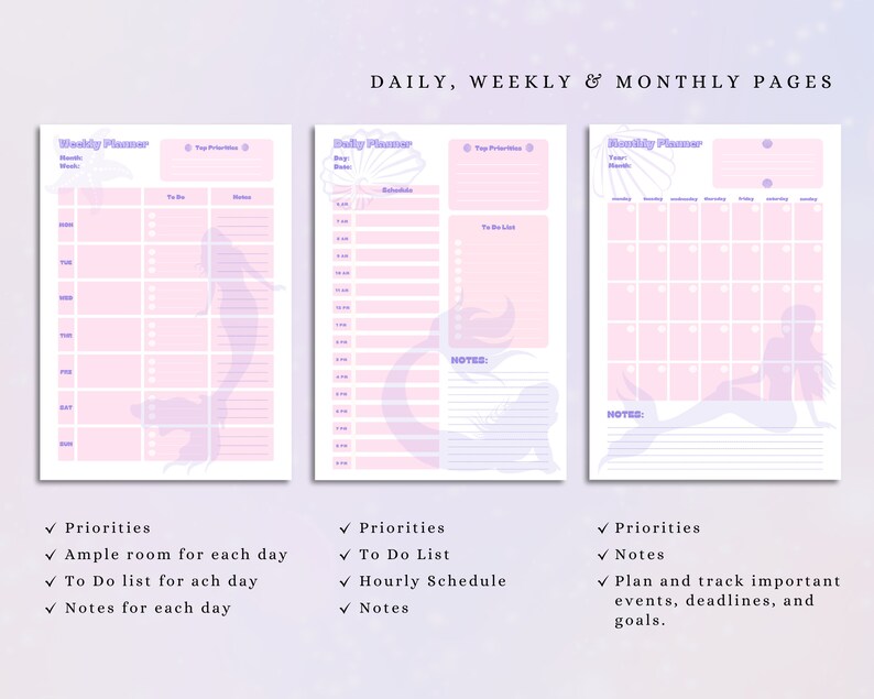 Mermaid Planner Printable, A4 A5 Letter, Pink Planner Bundle, Undated ...