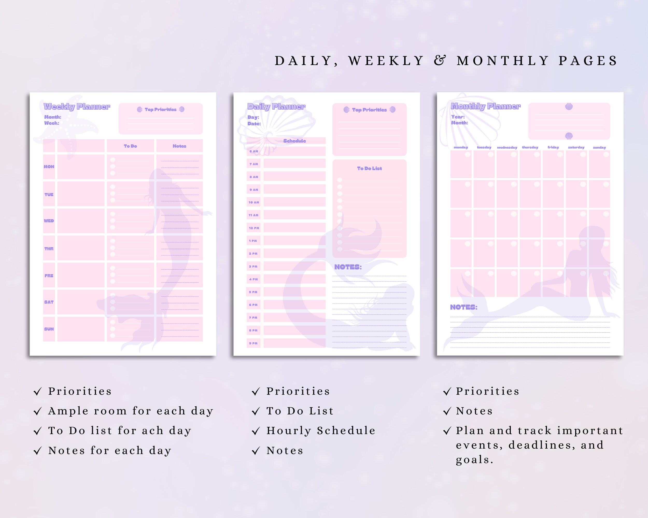 Mermaid Planner Printable, A4 A5 Letter, Pink Planner Bundle, Undated ...