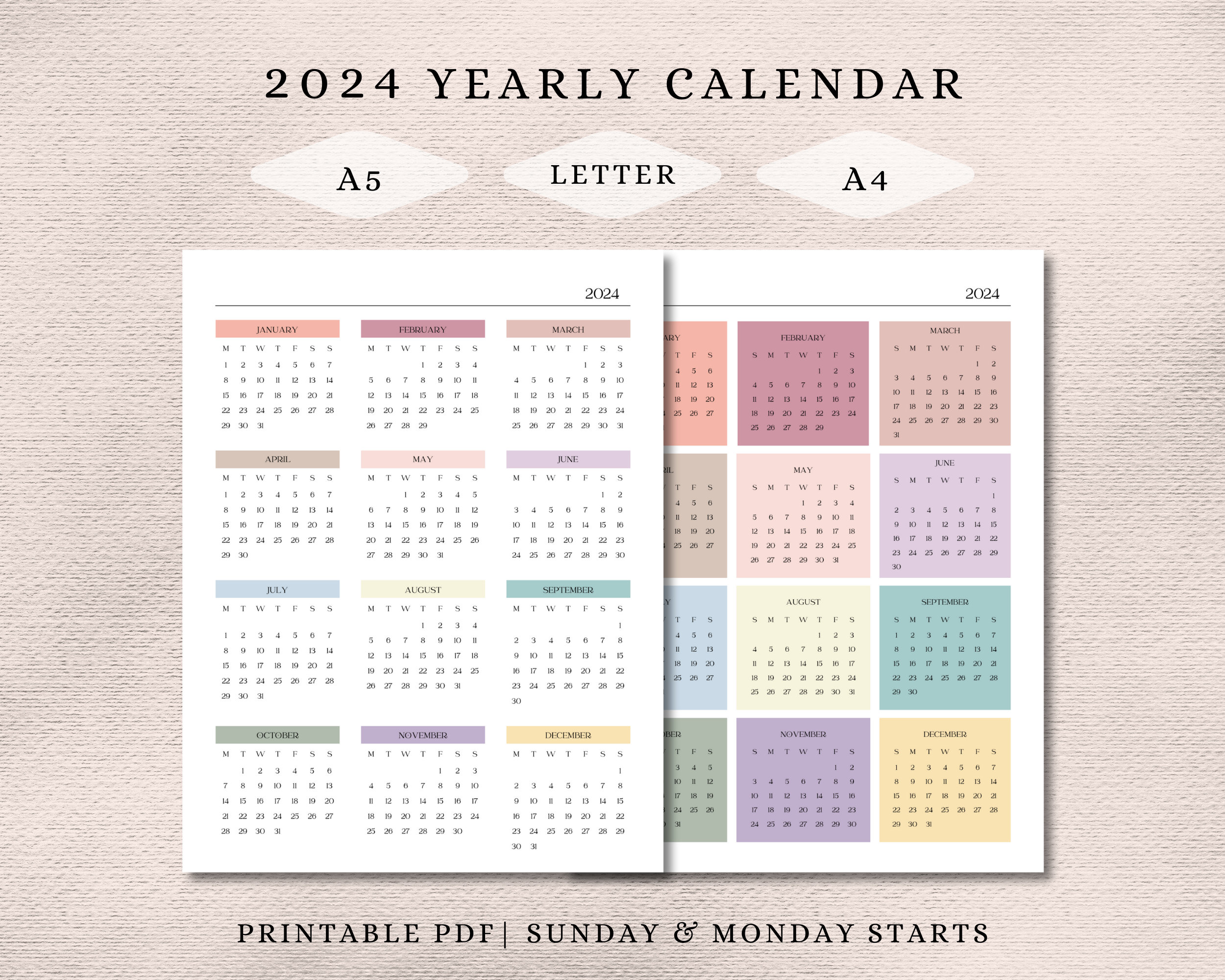 Jaarkalender 2024, Afdrukbare Kalender 2024, Jaaroverzicht, 44% OFF