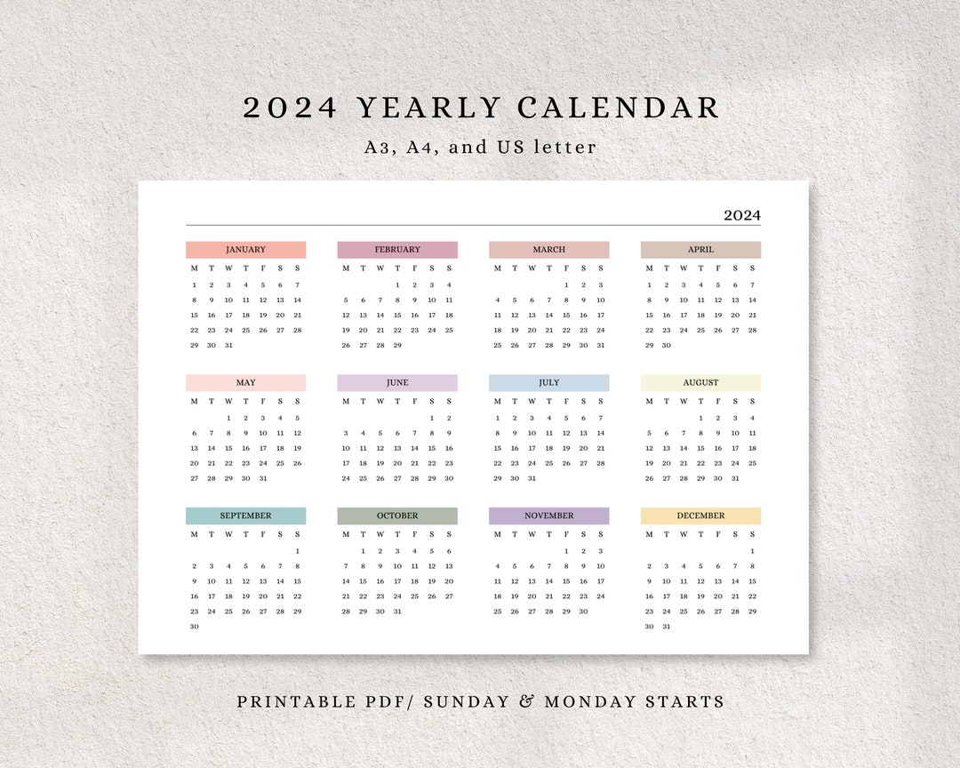 Landscape Yearly Calendar 2024 Printable, 2024 Year at a Glance ...