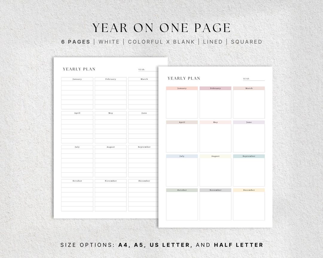 Undated Year at a Glance Planner, Minimalist Printable Yearly Overview ...