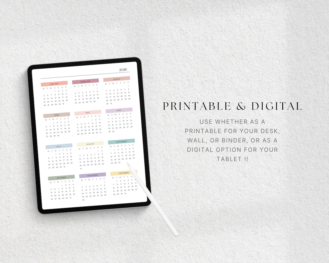 2026 Yearly Calendar, Year at a Glance Calendar 2026, Portrait ...