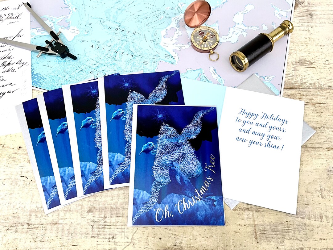 Christmas Card Set Handmade Holiday Gift Card Christmas Tree Sea Theme ...