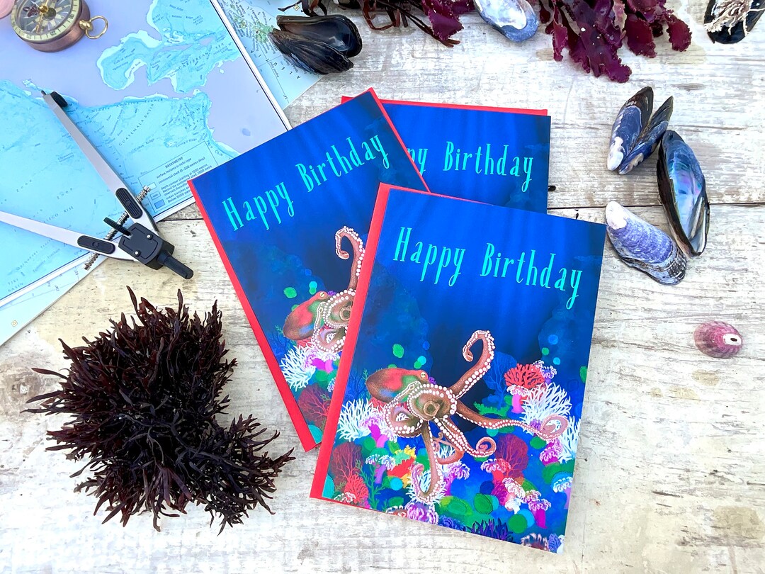 Card Set Marine Life Card Set Hand Drawn Octopus Birthday Card Coral ...