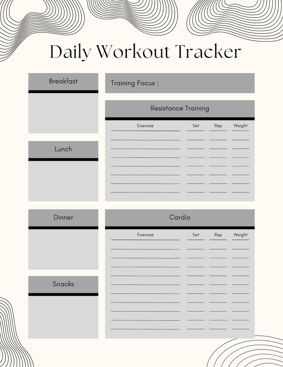 Daily Meal and Workout Pdf Printable Planner, Plan Cardio and Strength ...