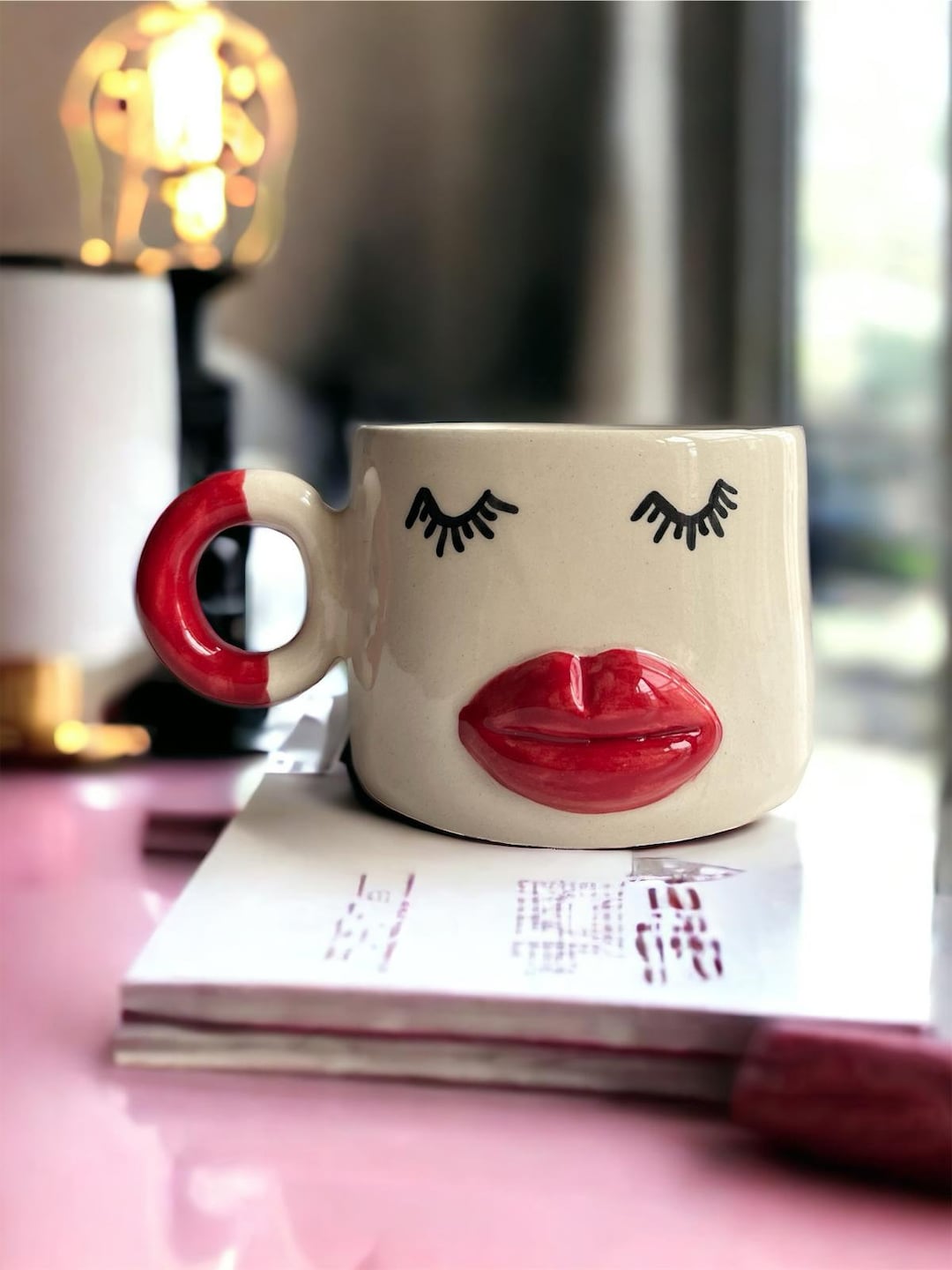 Fun Handmade Ceramic Mug With Red Lips and Eyelash Motif for Coffe ...