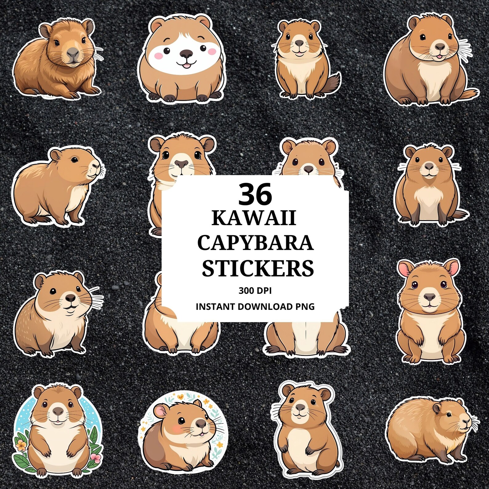 36 KAWAII CAPYBARA Stickers Clipart Bundle, Capybara Png, Capybara ...