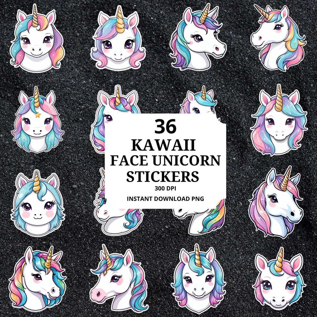 36 KAWAII Face Unicorn Stickers Clipart Bundle, Kawaii Unicorn Png ...