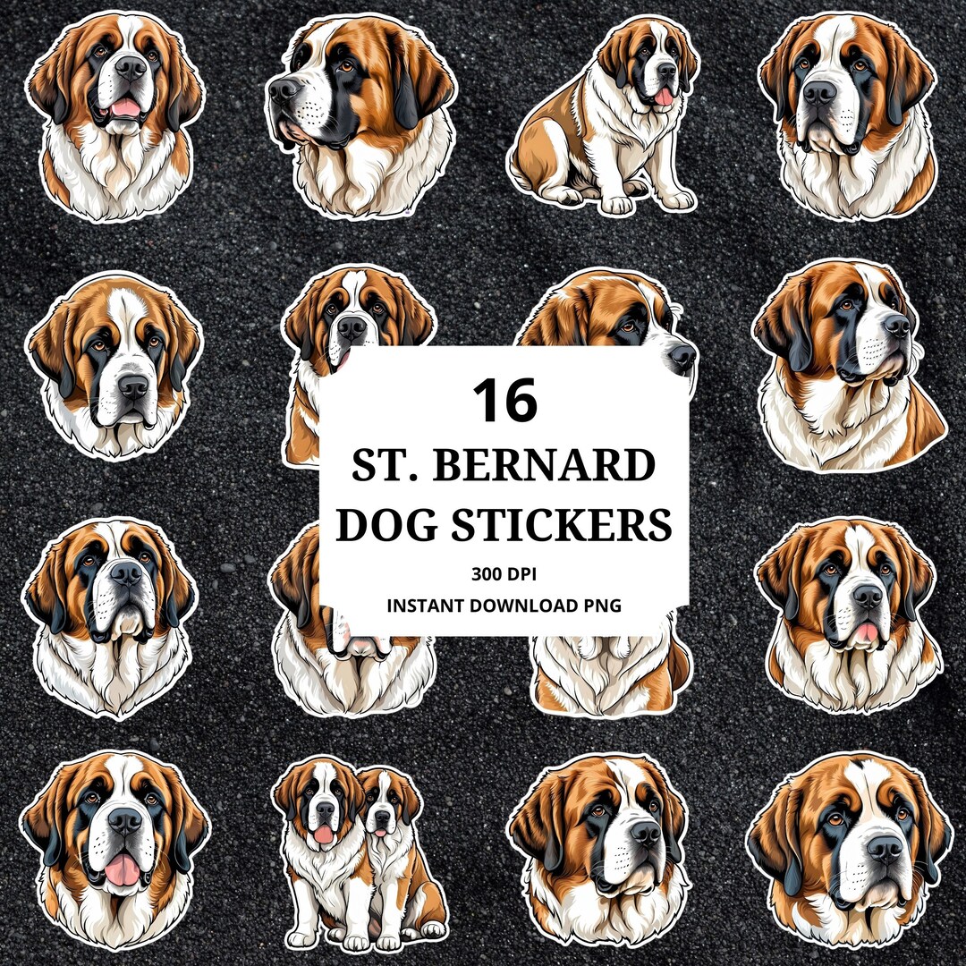 16 Cute St. Bernard Dogs Stickers Clipart Bundle, Cute Dogs PNG ...