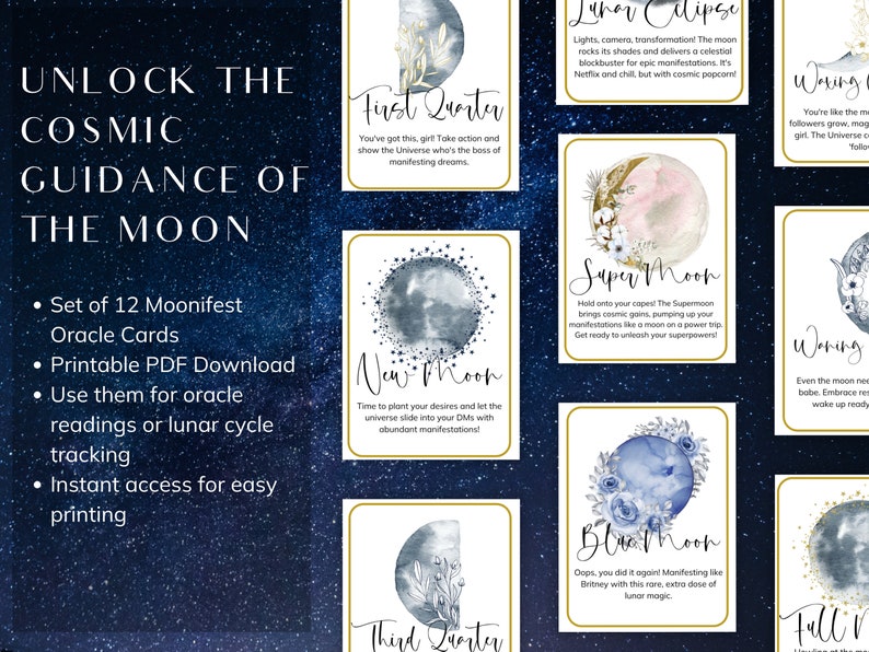 MOONIFEST: Printable Moon Phase Cards | Oracle Deck | Moon Manifesting ...