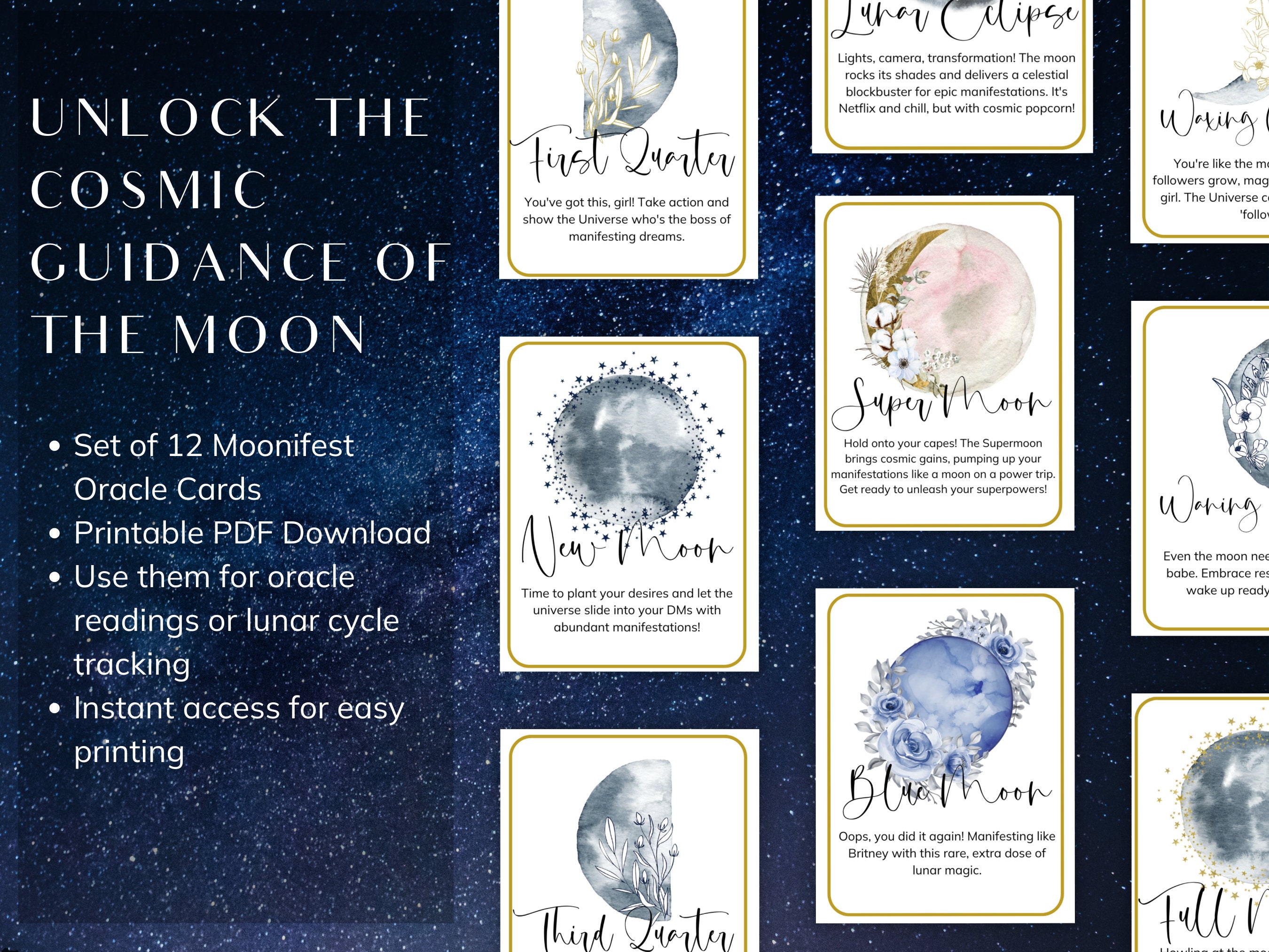 MOONIFEST: Printable Moon Phase Cards | Oracle Deck | Moon Manifesting ...