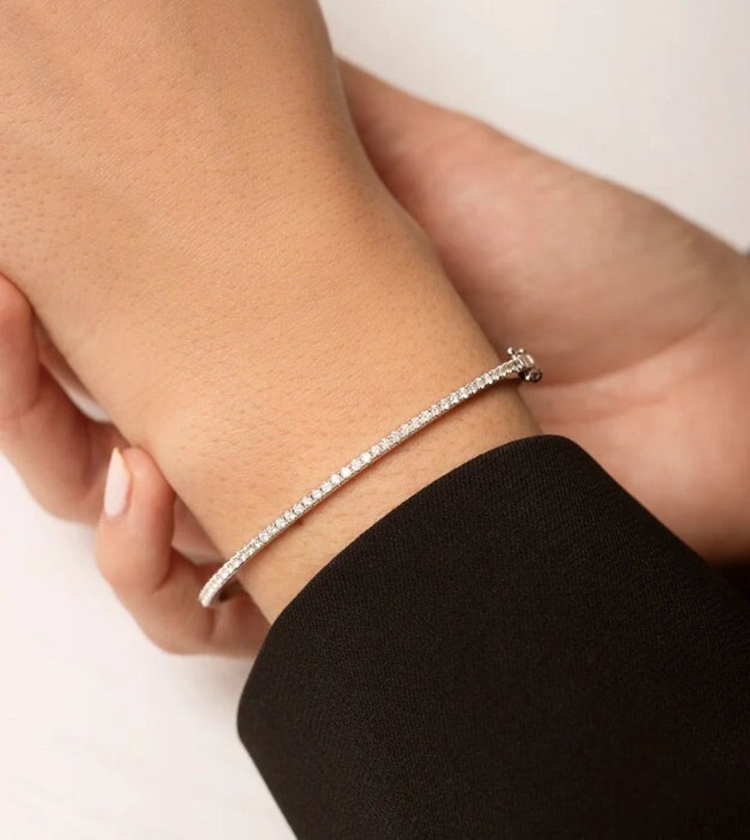 14K Gold Dainty Pave Diamond Bangle Bracelet Certified Lab Grown ...